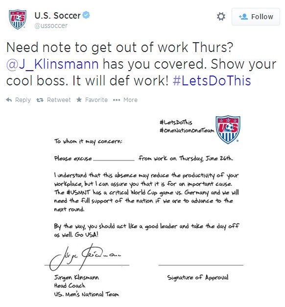 US Soccer tweets get out of work note for fans | wusa9.com