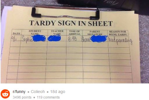 Mom's hilarious reason for daughter's school tardy sign-in | wusa9.com